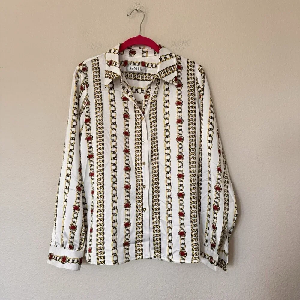 Kasper | Tops | Kasper White Career Blouse Size 4 79 Gold Chain Design ...
